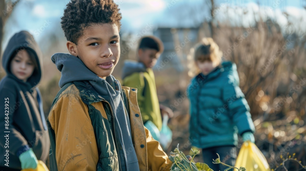 Young boy leading a group of friends in a community clean-up initiative ...