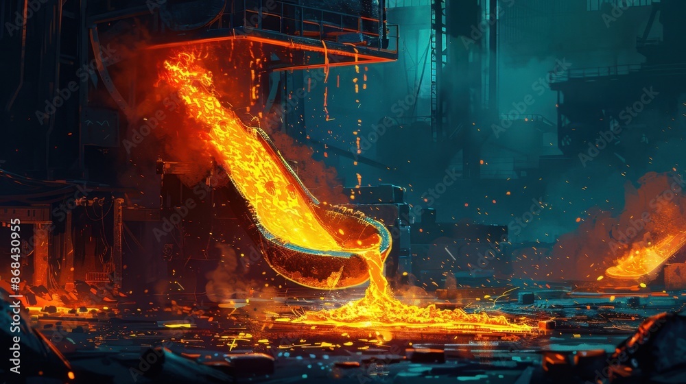 A vibrant depiction of ingot casting with molten steel being poured ...