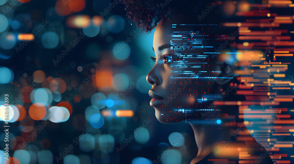 AI cyber security threat illustration, black african american female IT specialist analysing ...