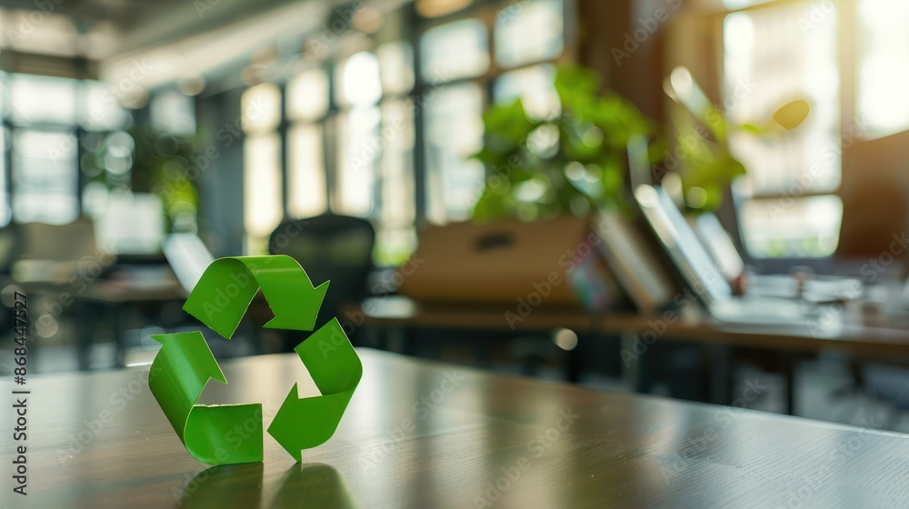 Green recycle symbol icon sign with professional environment background ...
