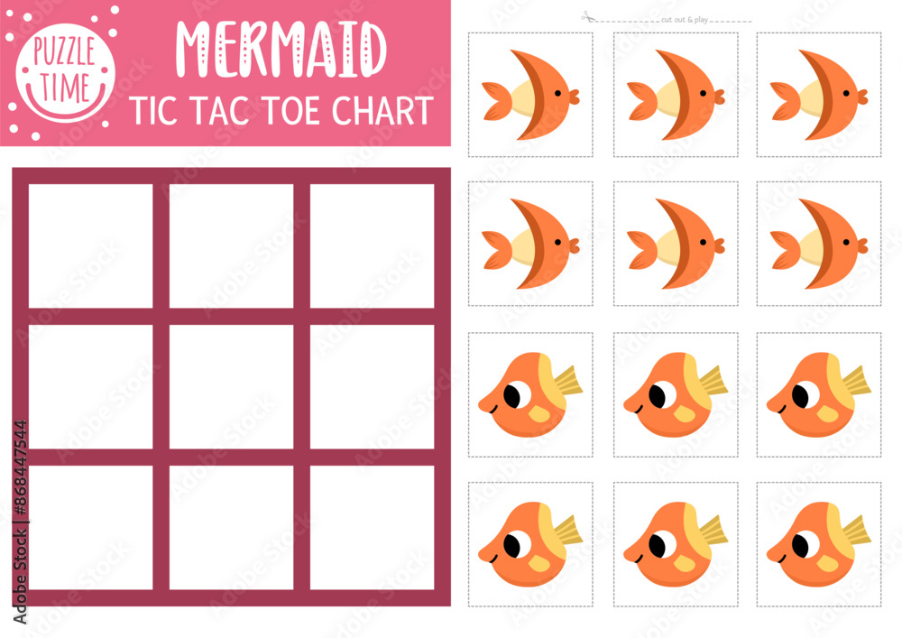 Vector mermaid tic tac toe chart with orange fish. Ocean kingdom board ...