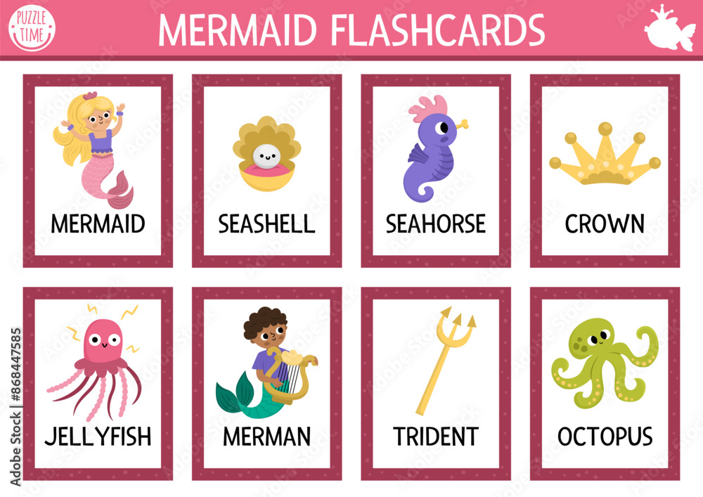 Vector mermaid flash cards set with sea princess, octopus, trident ...