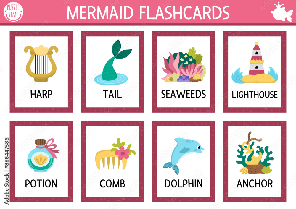Vector mermaid flash cards set with sea princess, dolphin, tail ...