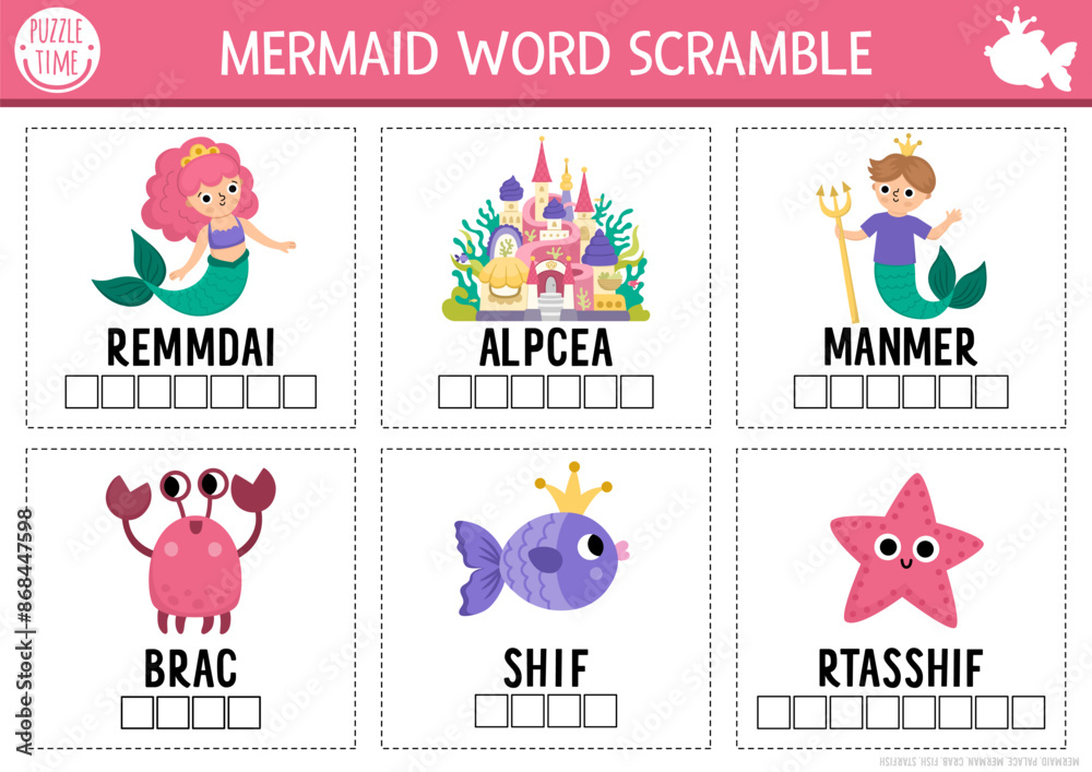 Vector mermaid activity page with word scramble cards. English language ...