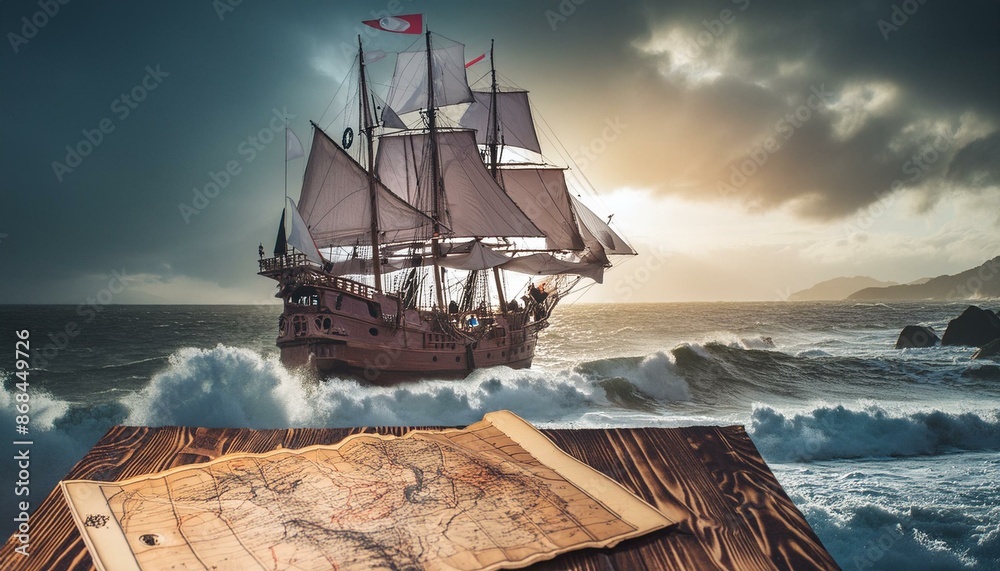 Pirate Ship - A grand pirate ship sailing through stormy seas, with a ...