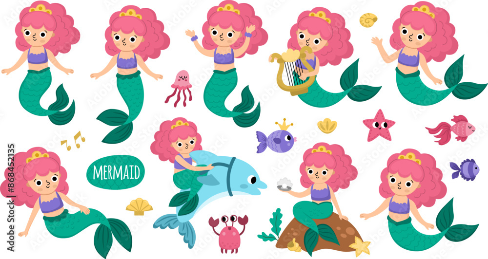 Vector mermaids set. Underwater kingdom collection with ocean princess ...