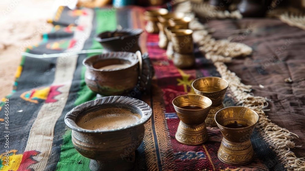 An Ethiopian coffee ceremony setup with traditional cups Stock ...