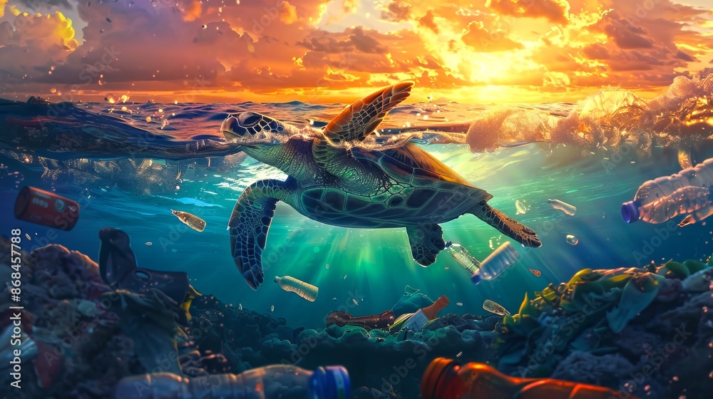 Brilliant aquatic scene of a sea turtle amidst ocean pollution under a ...