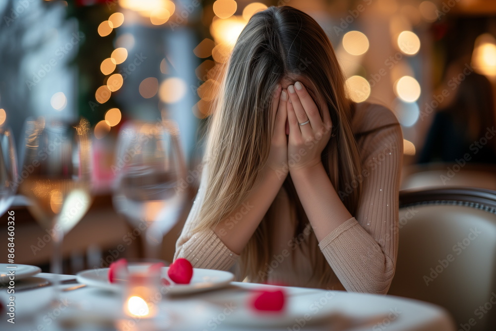 Young woman expresses deep distress covering her face tears. Despair ...