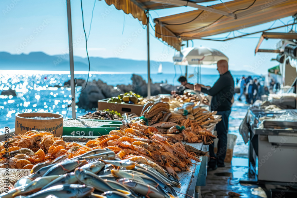A bustling seaside seafood market with fresh fish, shrimp, and other ...