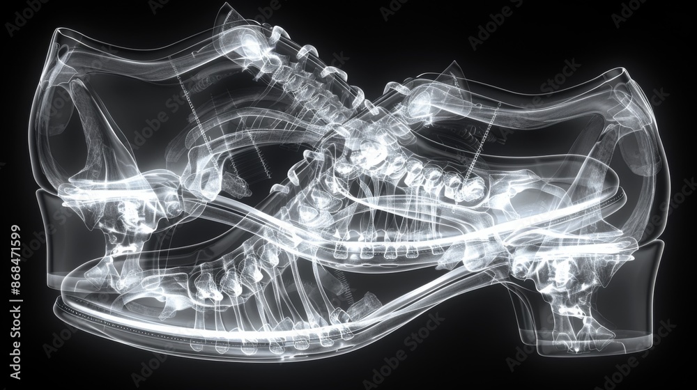 X-ray scan of a pair of shoes, highlighting the soles and inner support ...