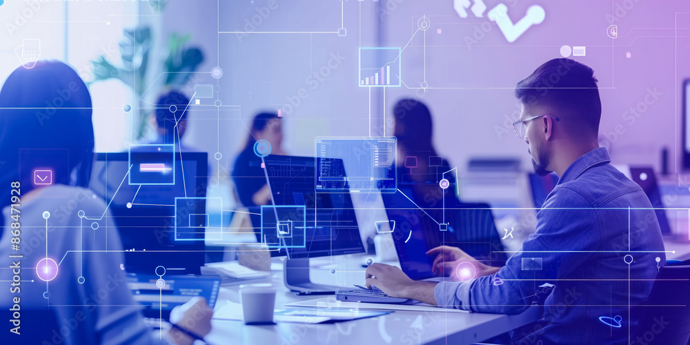 Horizontal banner of a modern office with employees working on laptops ...