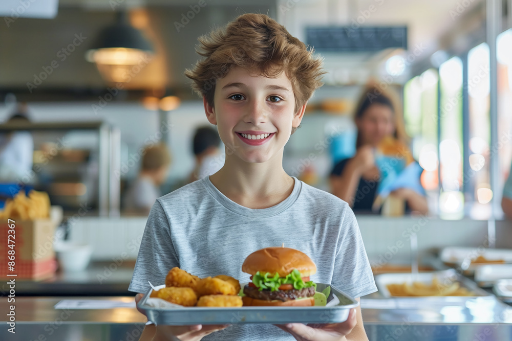 Smiling boy holding a tray with a burger and tater tots in a bright ...