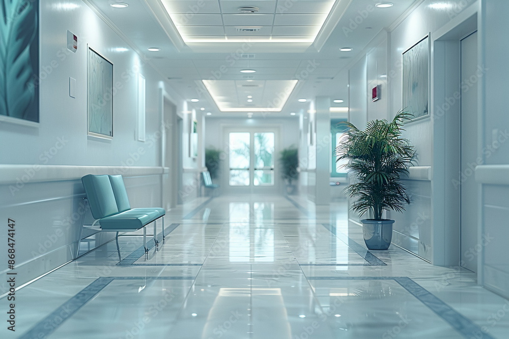 Hospital interior, lobby with seating and blue flooring, clean waiting ...