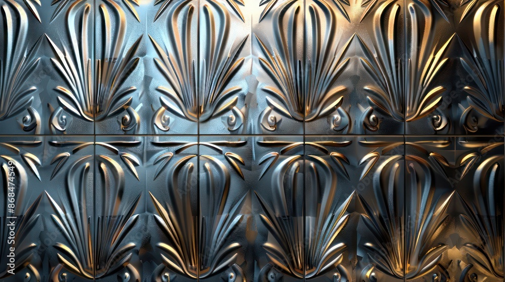 Screen wall featuring modular units of pressed metal tiles, each with a ...