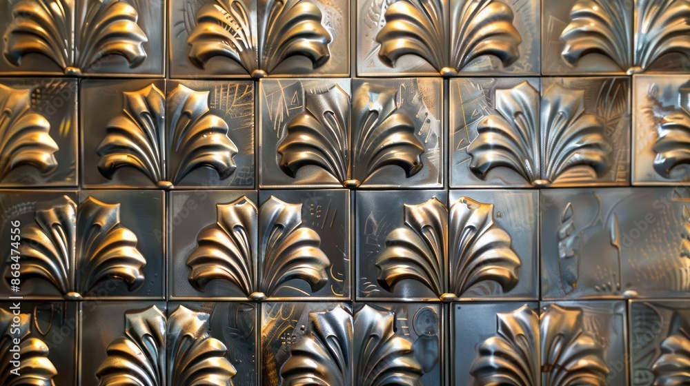 Screen wall featuring modular units of pressed metal tiles, each with a ...