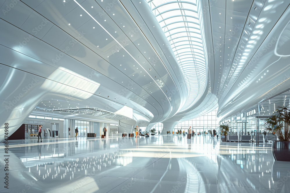 Airport interior, journey and transport corridor, indoor station and ...