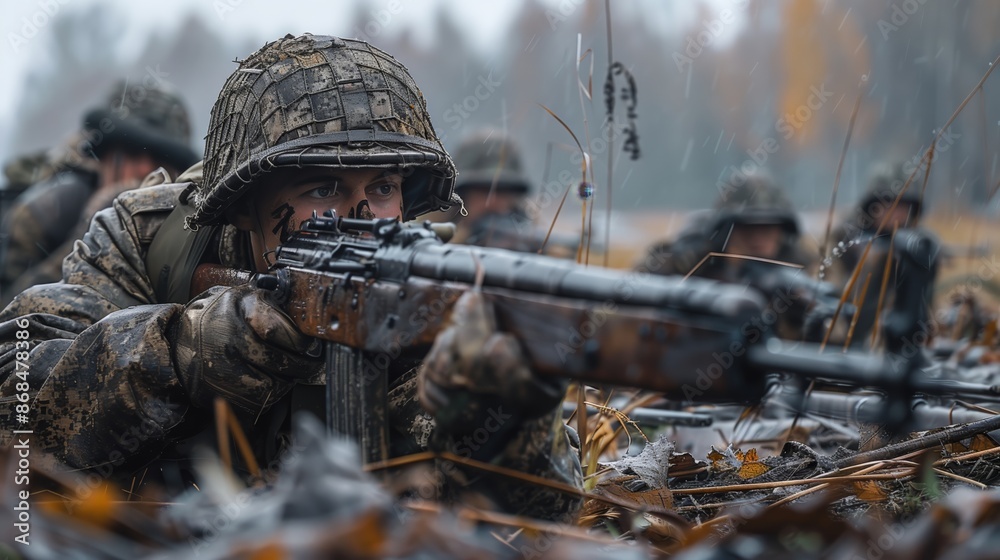 An armed soldier wearing a camouflage helmet and uniform is lying prone ...