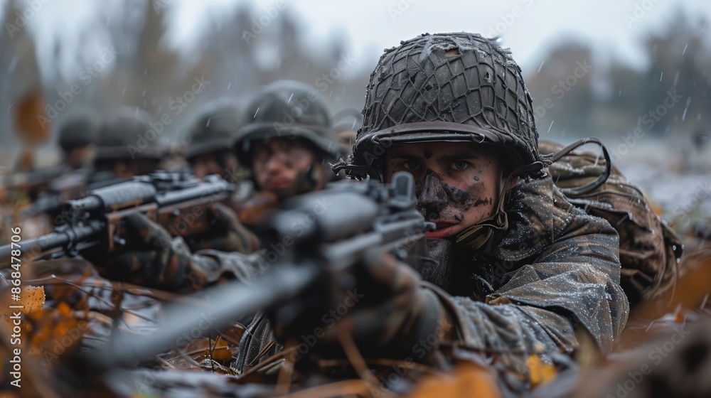 Foto de An armed soldier wearing a camouflage helmet and uniform is ...