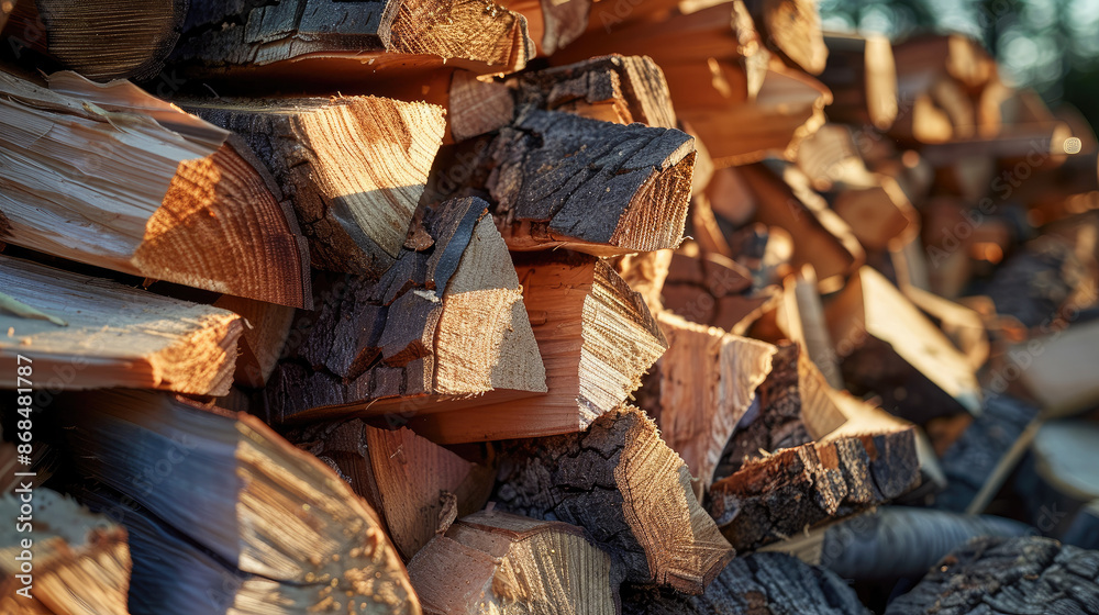 Logs are neatly stacked, with sunlight casting a warm glow on the ...