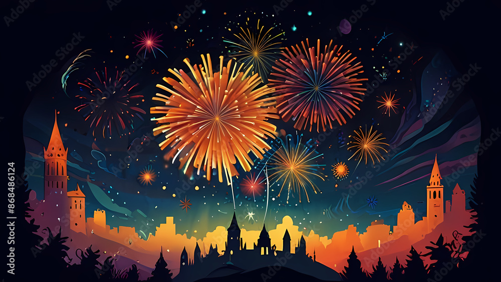 Illustration depicting a fantastical scene where fireworks transform ...