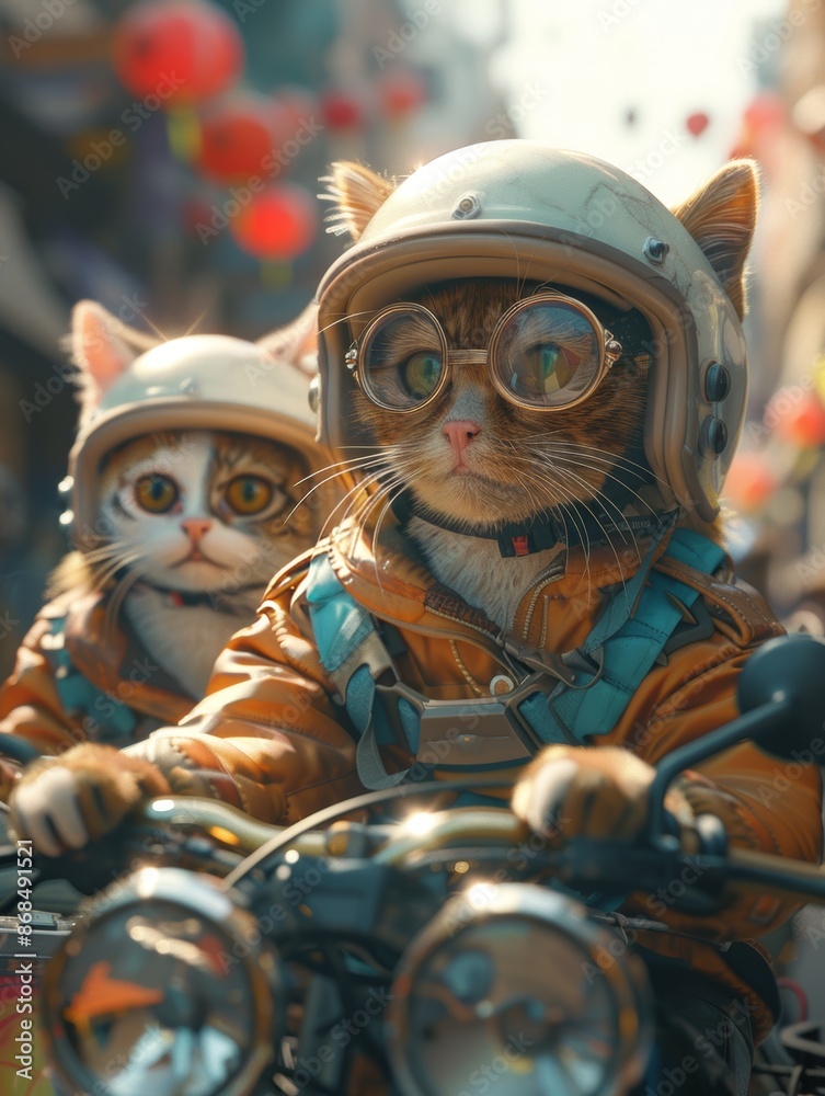 an adorable scene of two cute cats riding on motorbikes, both wearing ...