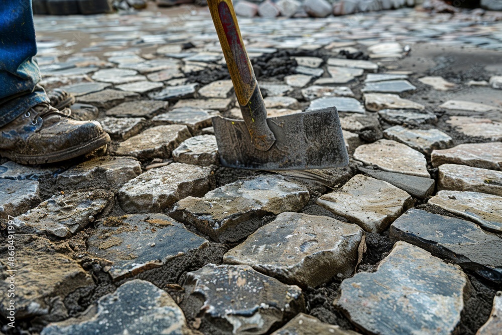 Repair of the tile pavement. Installation of paving slabs. Man using a ...