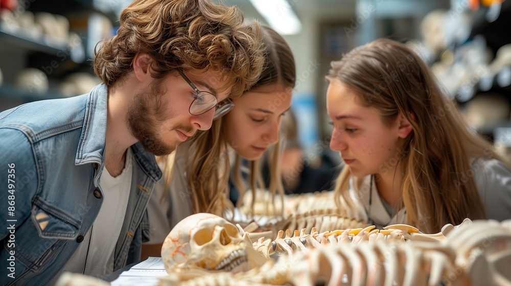 Students studying skeletal anatomy in laboratory. Three students ...