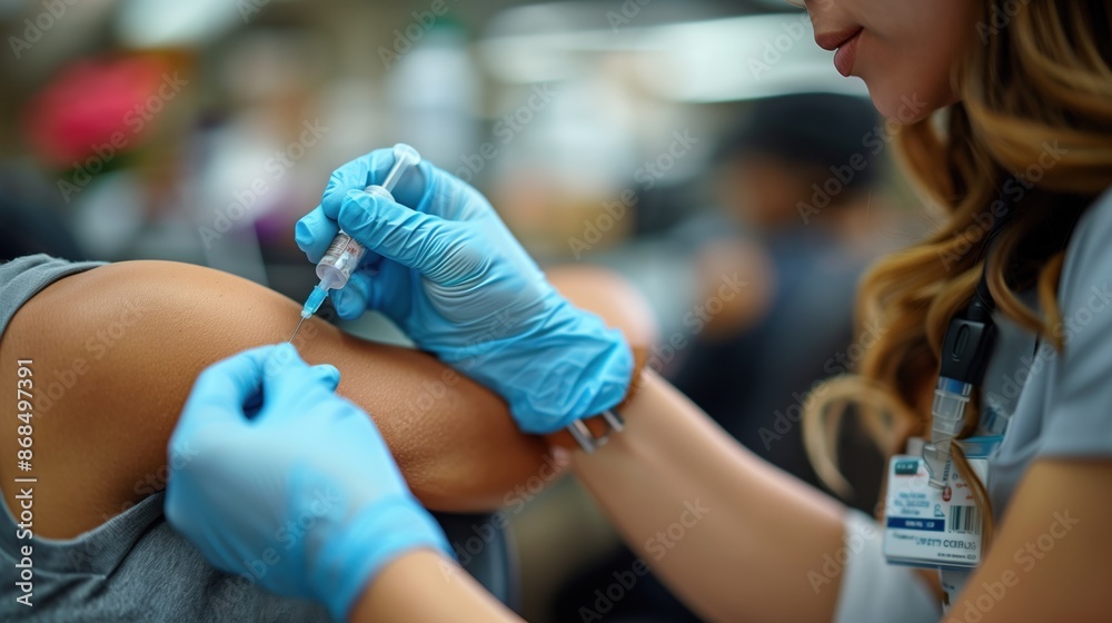 Nurse administering injection to patient. Nurse wearing gloves ...