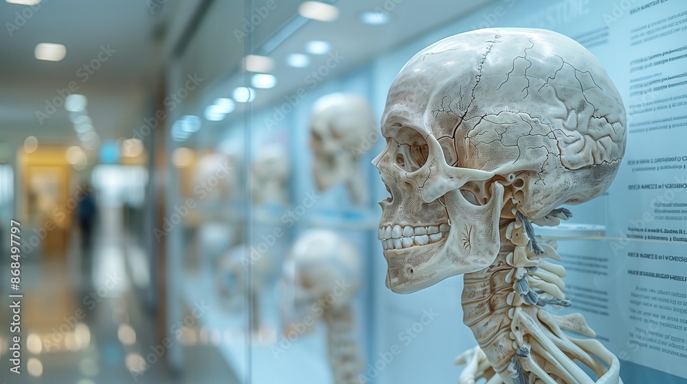 Anatomical skull model in educational display. Detailed anatomical ...