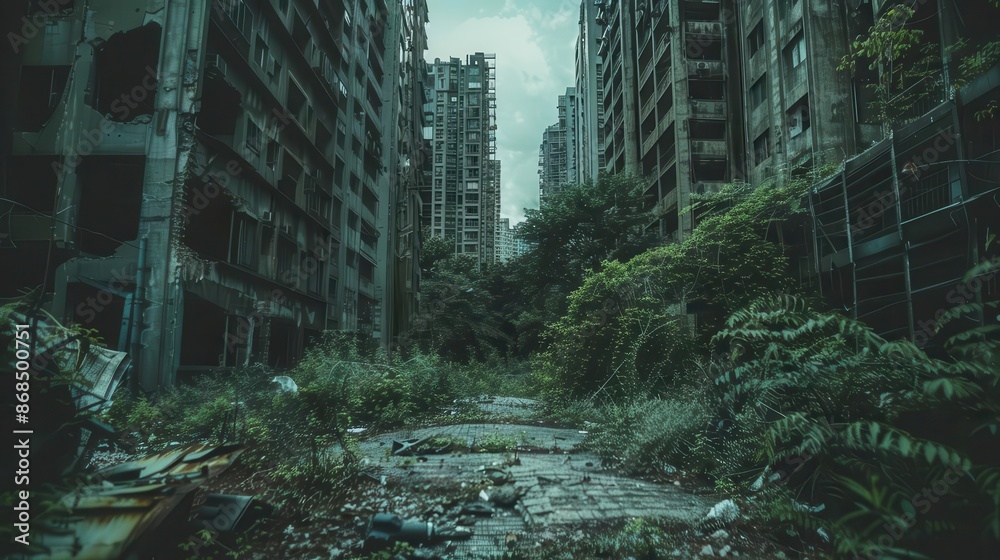 postapocalyptic cityscape with crumbling skyscrapers and abandoned streets overgrown vegetation ...