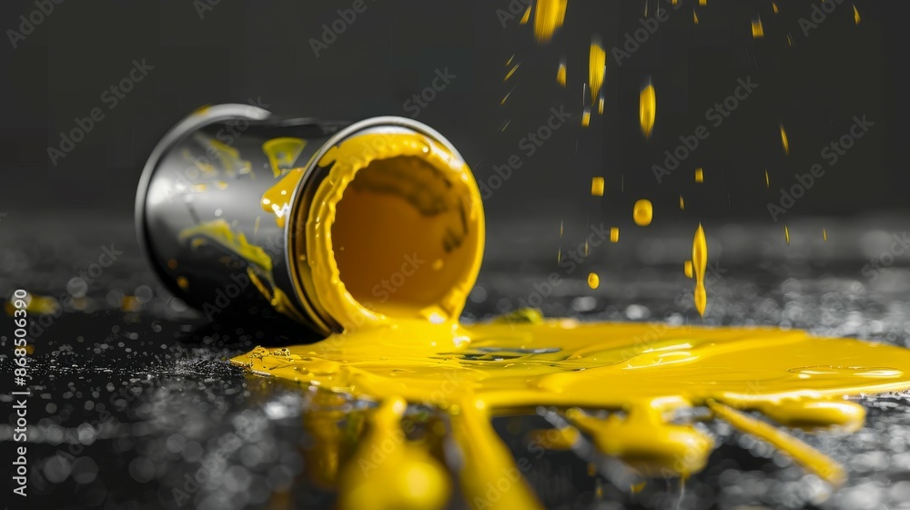 Spilled Yellow Paint Droplets Falling Onto a Dark Surface. Stock Photo ...