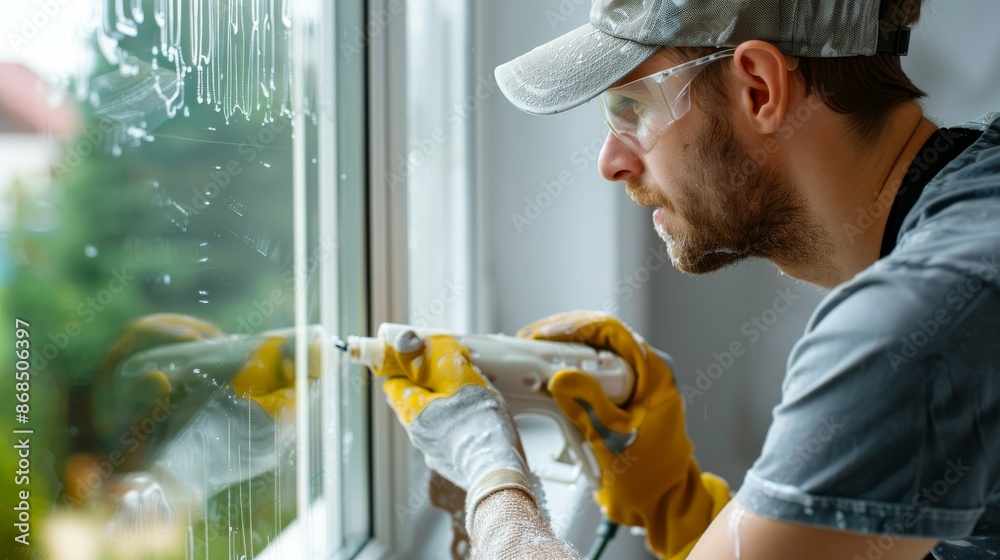 Construction Worker Using a Spray Gun to Apply Sealant Around a Window ...