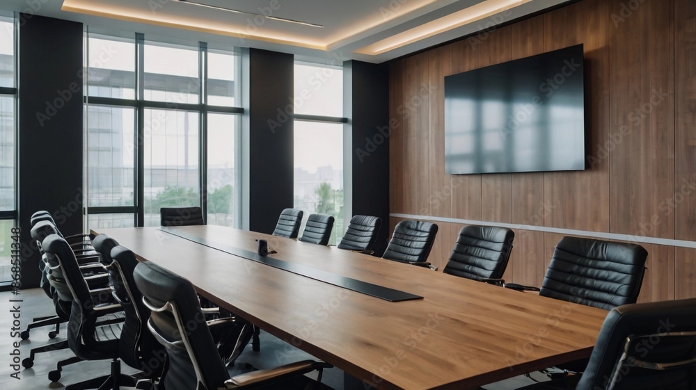 Modern Minimalist, a sleek uncluttered conference room with a long ...