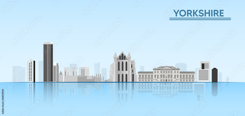 Yorkshire cityscape landmarks clean sky with reflection poster Stock ...