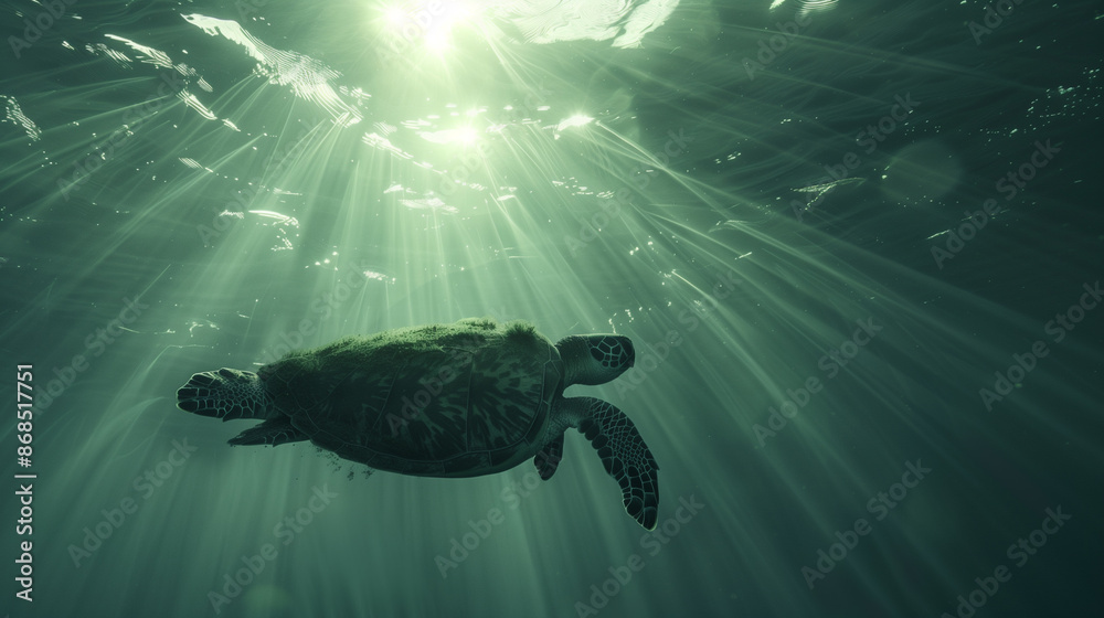 Turtle is a big plan, floating into the water, sun from the surface ...