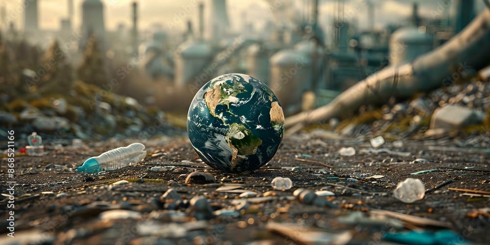 Abstract depiction of earth pollution globe plastic powerplant pipes ...