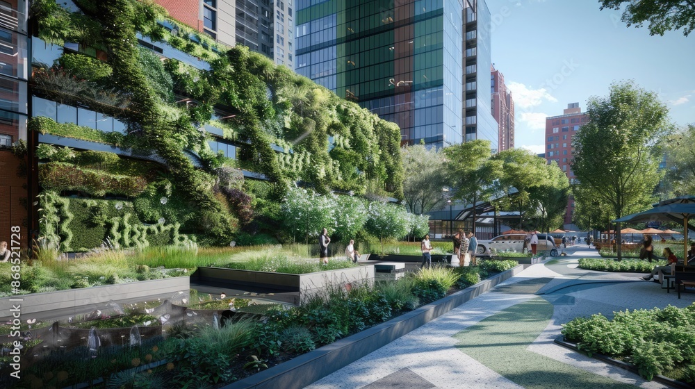 An urban plaza featuring green walls, rain gardens, and public spaces ...