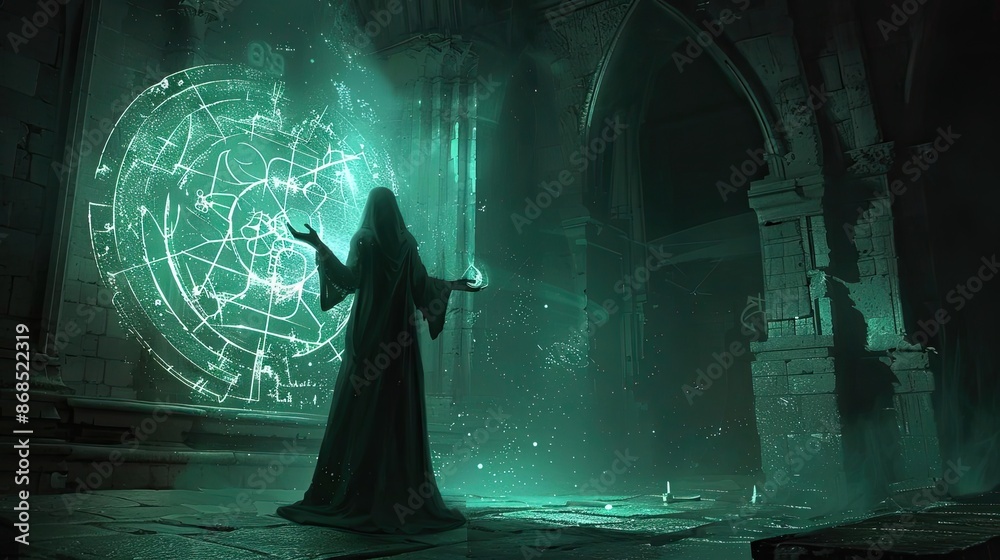 Mystical sorcerer conjures glowing arcane symbols in ancient dark ...