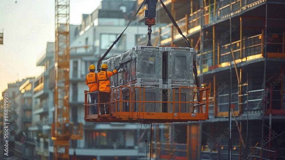 Two construction workers, wearing high-visibility vests and safety ...