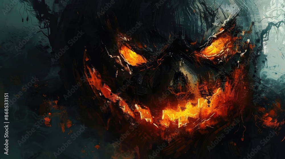 Frightening fiery jack-o'-lantern face with menacing glowing eyes and ...