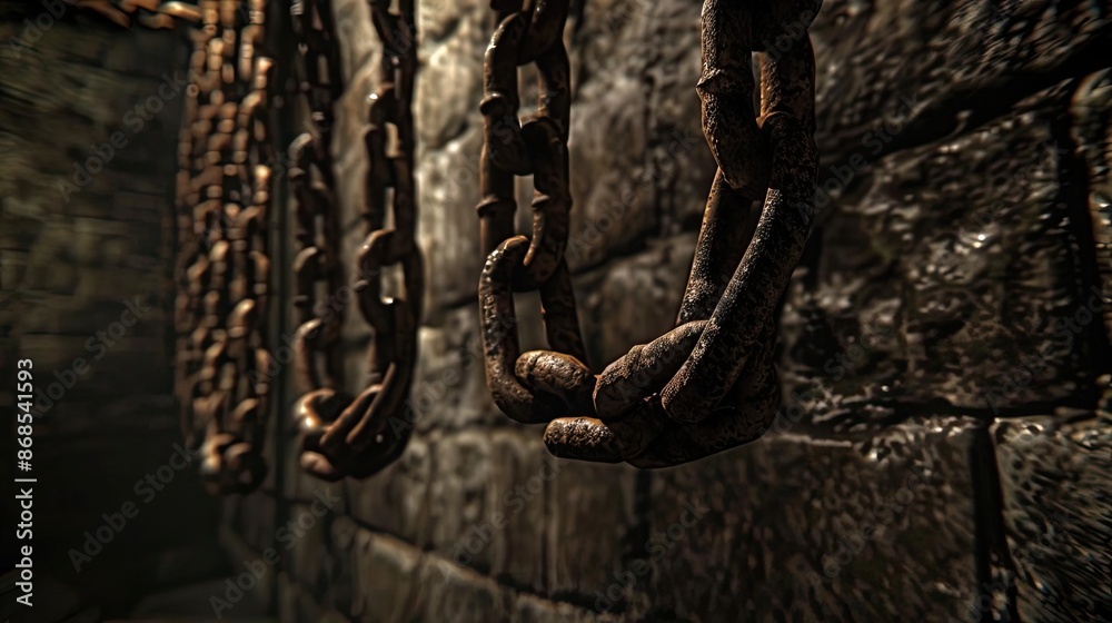 Rusty chains hanging from a dark, damp stone wall, creating a haunting ...