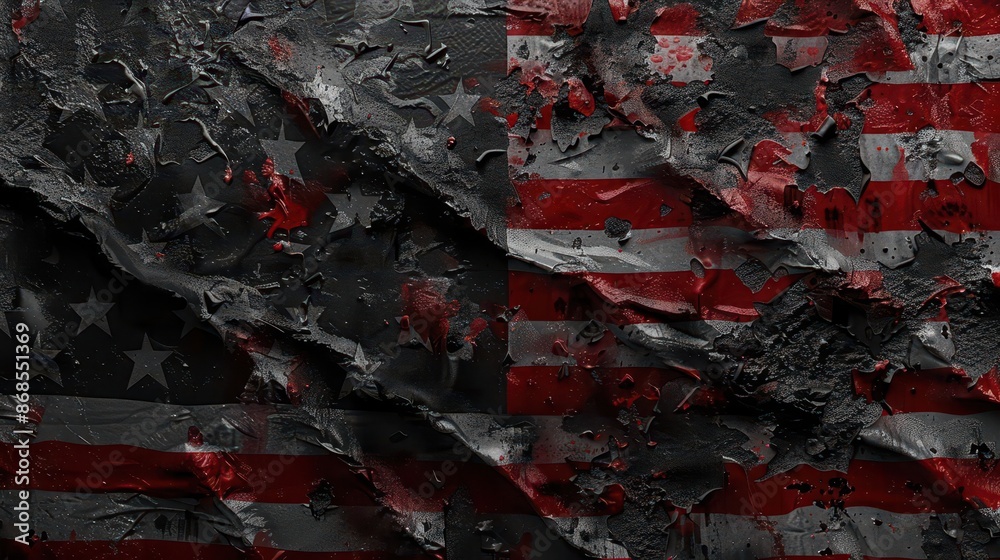 distressed national flag torn and tattered dramatic black ink splatters ...