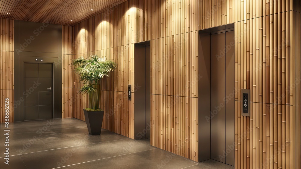 modern elevator lobby with walls clad in vertically striped bamboo wood ...