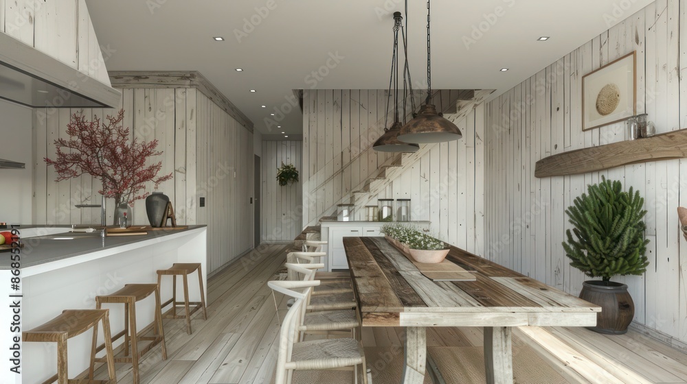 modern farmhouse dining area with walls of whitewashed pine cladding ...