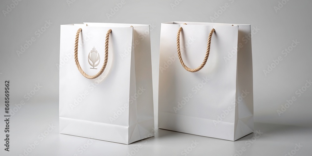 Two crisp white paper shopping bags with elegant rope handles sit side ...
