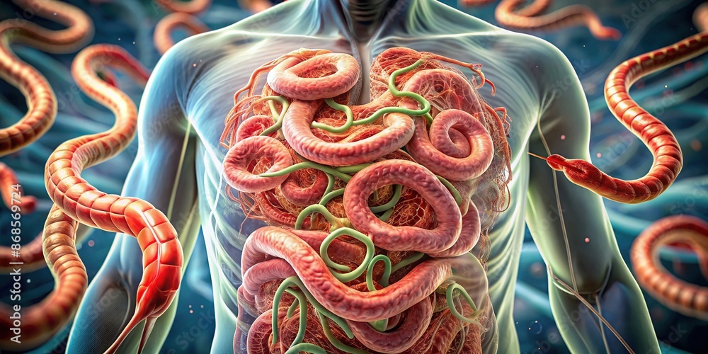 Vivid 3D illustration of parasitic roundworms infesting human ...