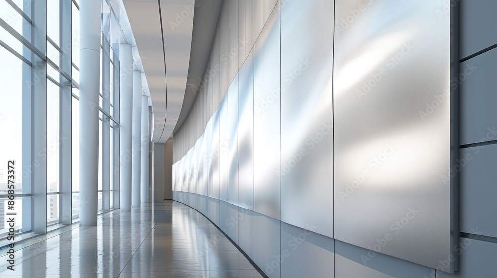 Screen wall with articulated panels of brushed aluminum, each capable ...