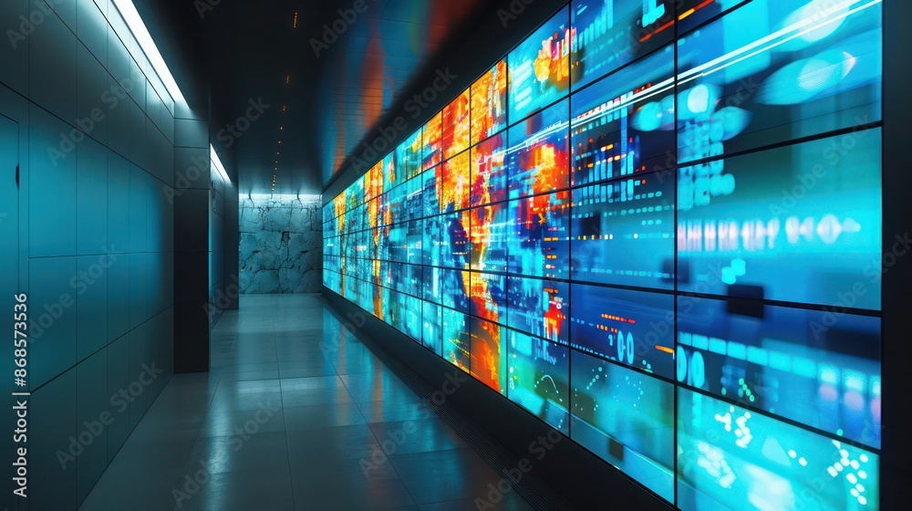 Screen wall with embedded digital displays showing looped artistic ...