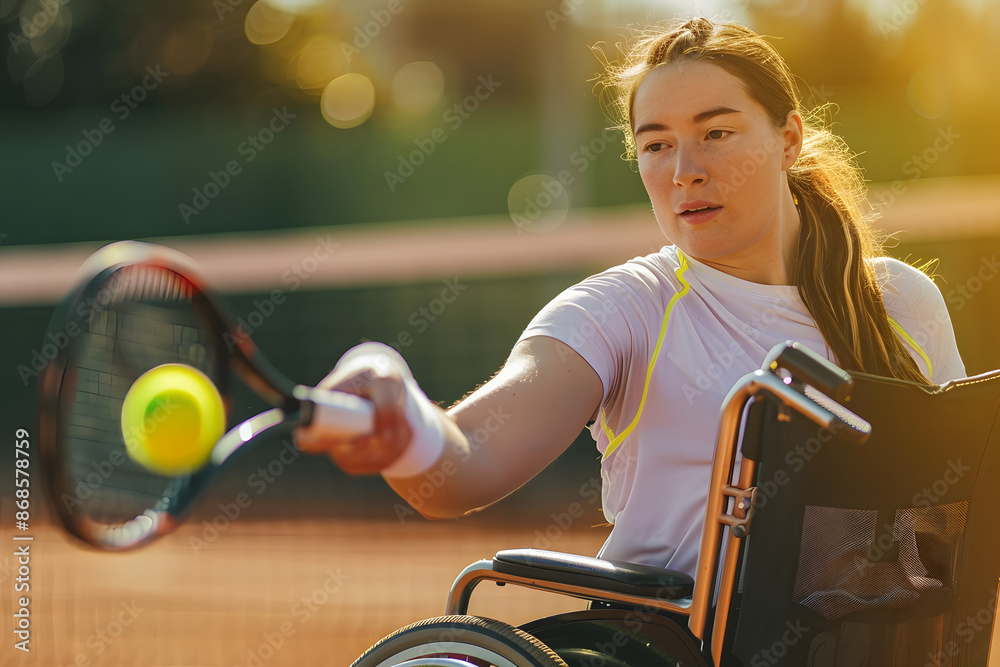 Disabled person in a wheelchair hitting a ball in a tennis game ...